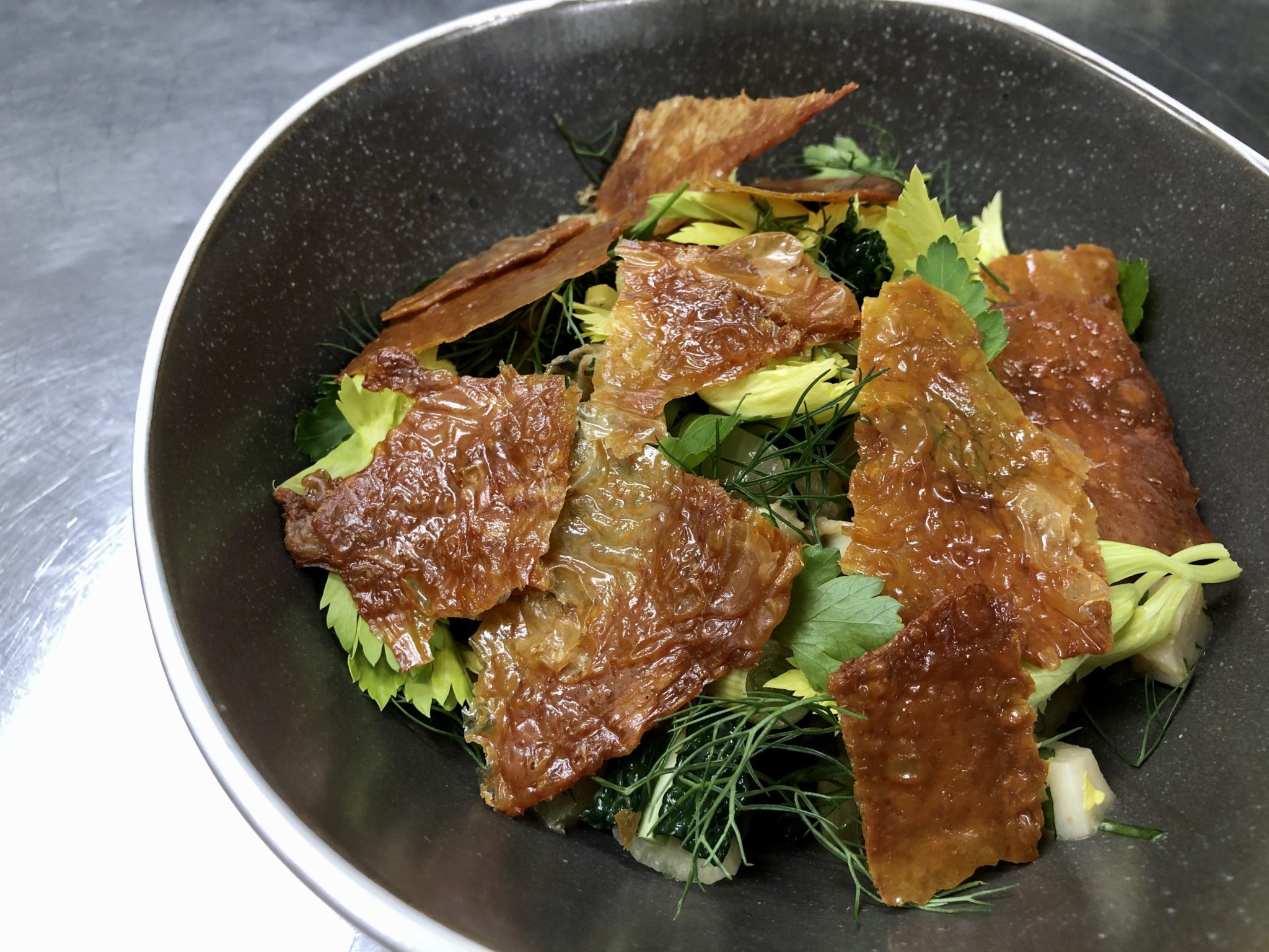 Slow cooked abalone, winter vegetables and chicken skin salad - GoodFish